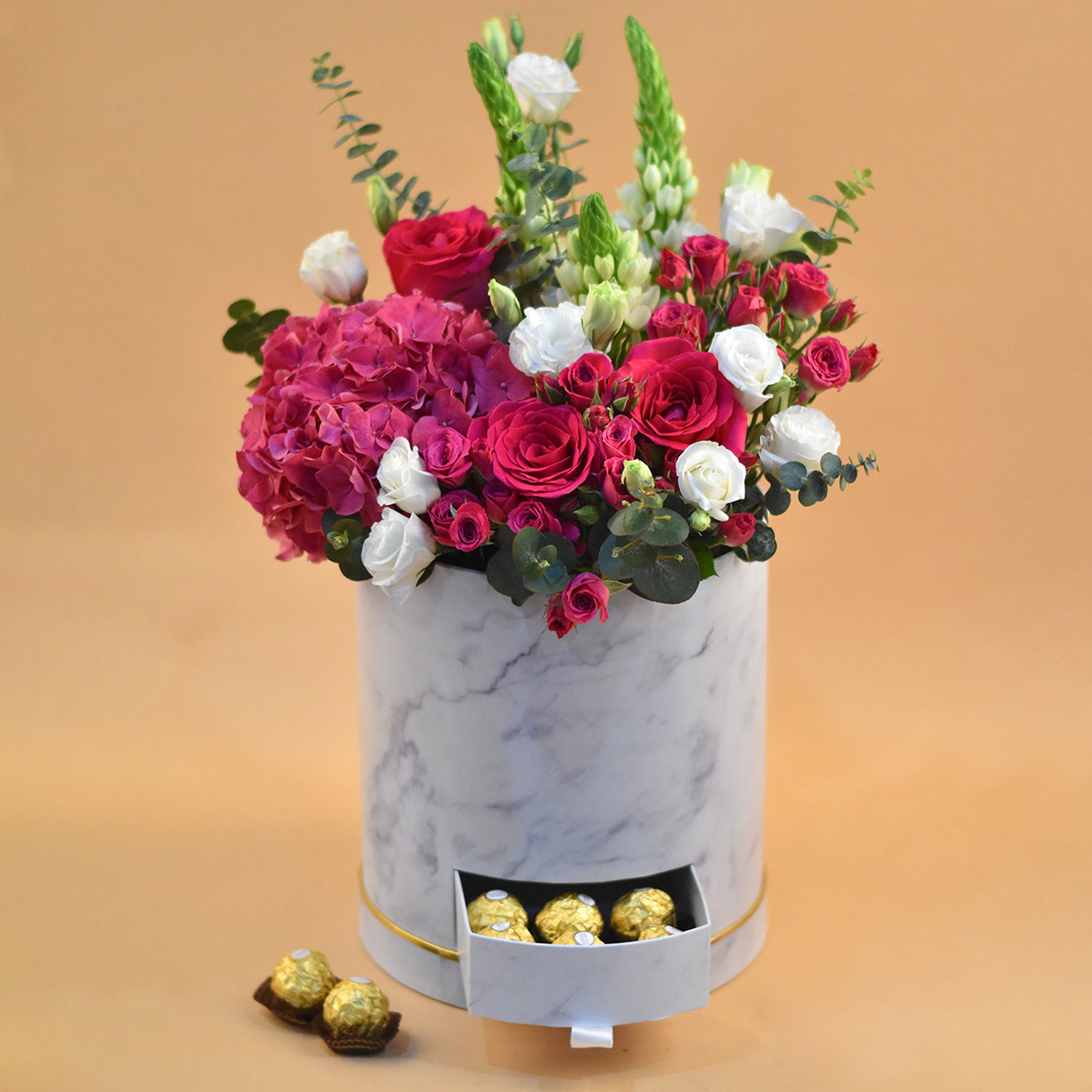 Ravishing Mixed Flowers & Ferrero Rocher Drawer Box Delivery in ...