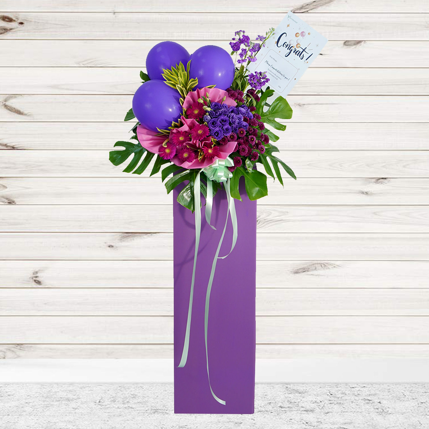 Mixed Flowers Purple Balloons Cardboard Stand Delivery in Singapore - FNP SG