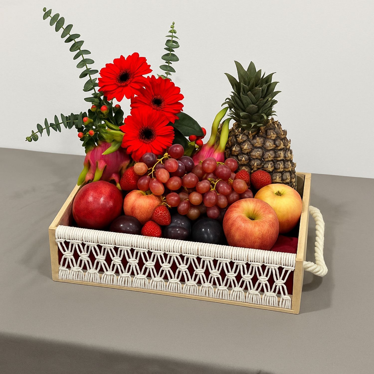 Mixed Red Flowers & Assorted Fruits Oval Basket Delivery in Singapore ...