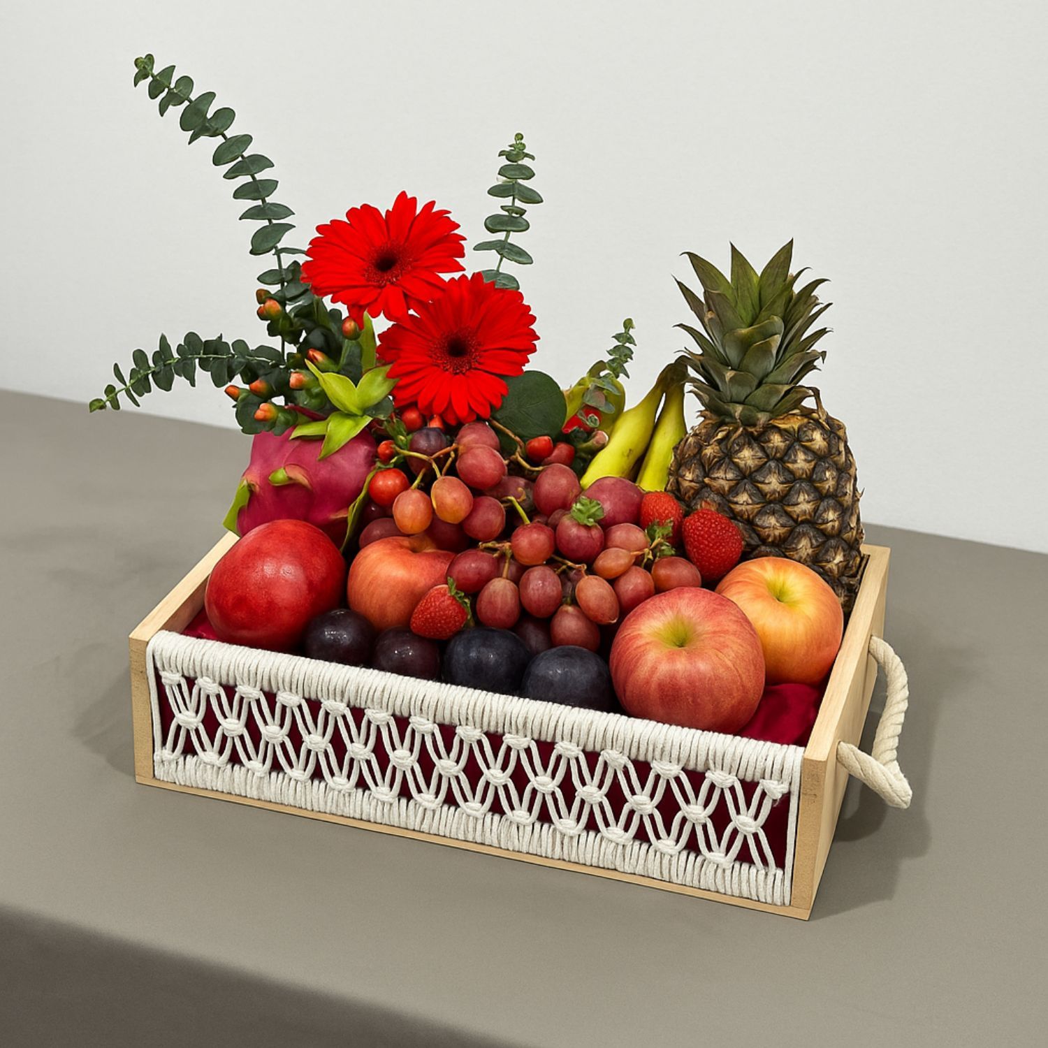 Mixed Red Flowers & Assorted Fruits Oval Basket Delivery in Singapore ...