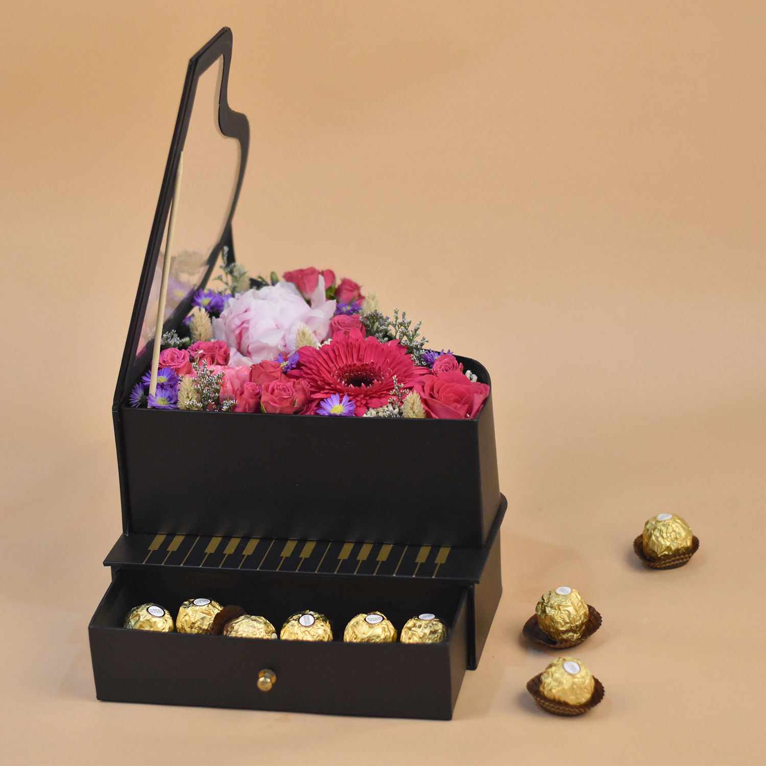 Fresh Blooms N Ferrero Black Piano Box Delivery in Singapore - FNP SG