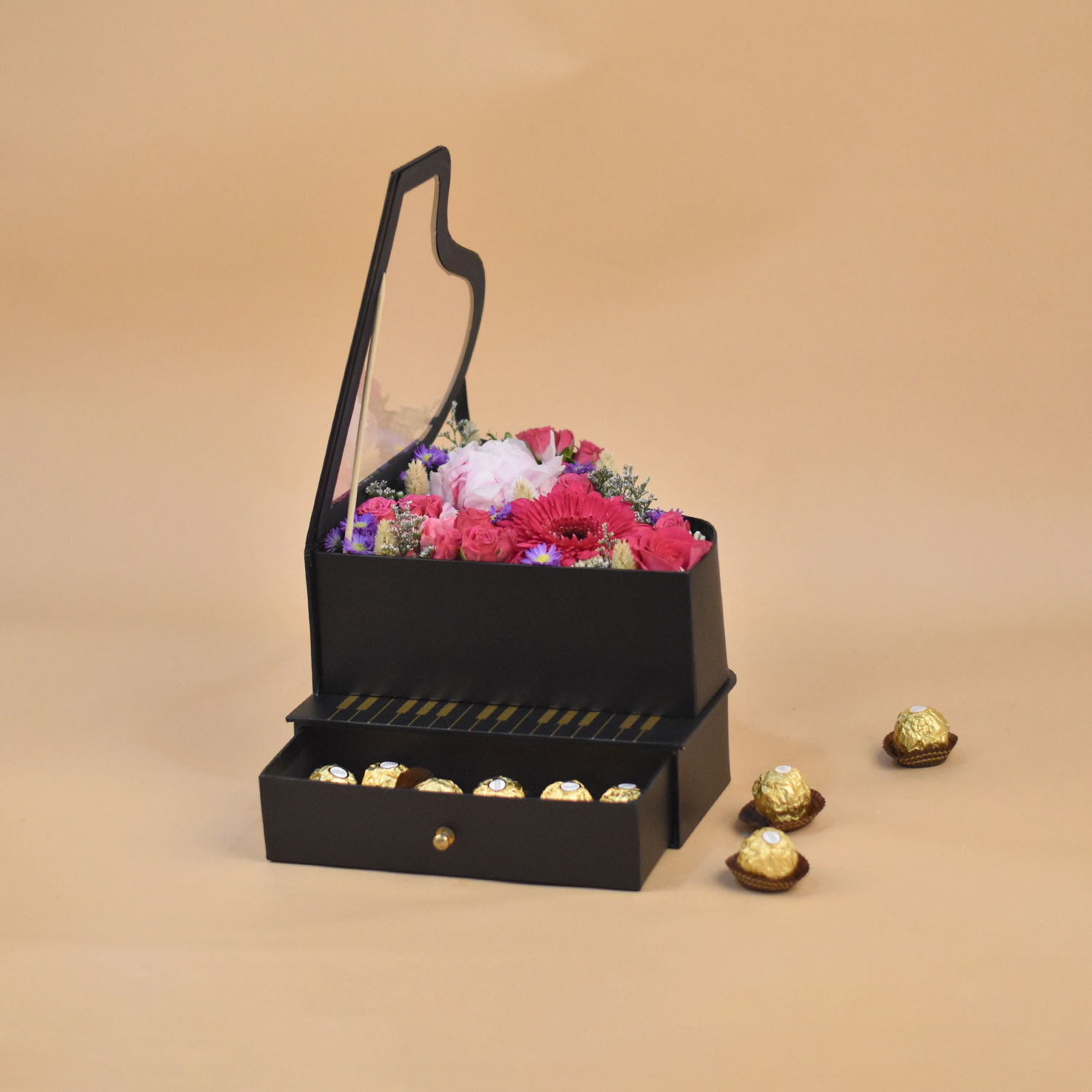 Fresh Blooms N Ferrero Black Piano Box Delivery in Singapore - FNP SG