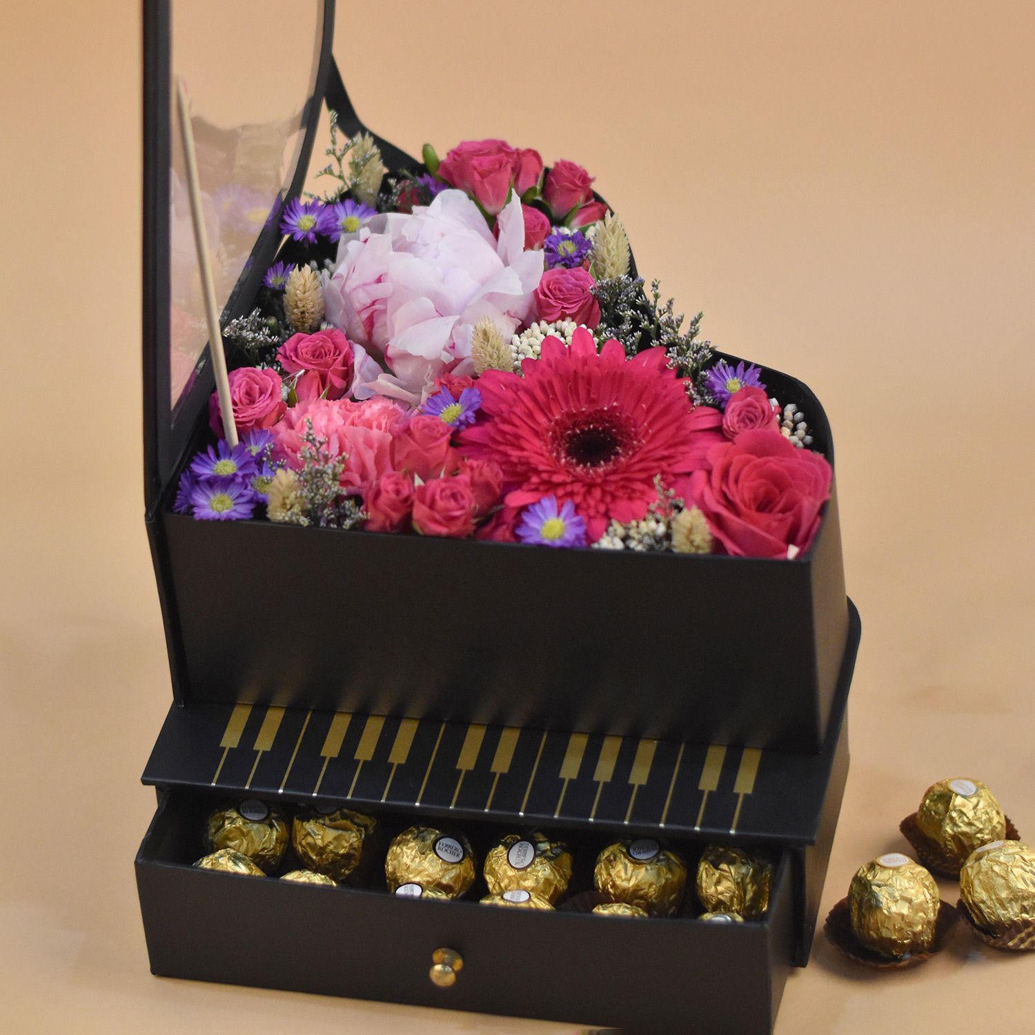Fresh Blooms N Ferrero Black Piano Box Delivery in Singapore - FNP SG