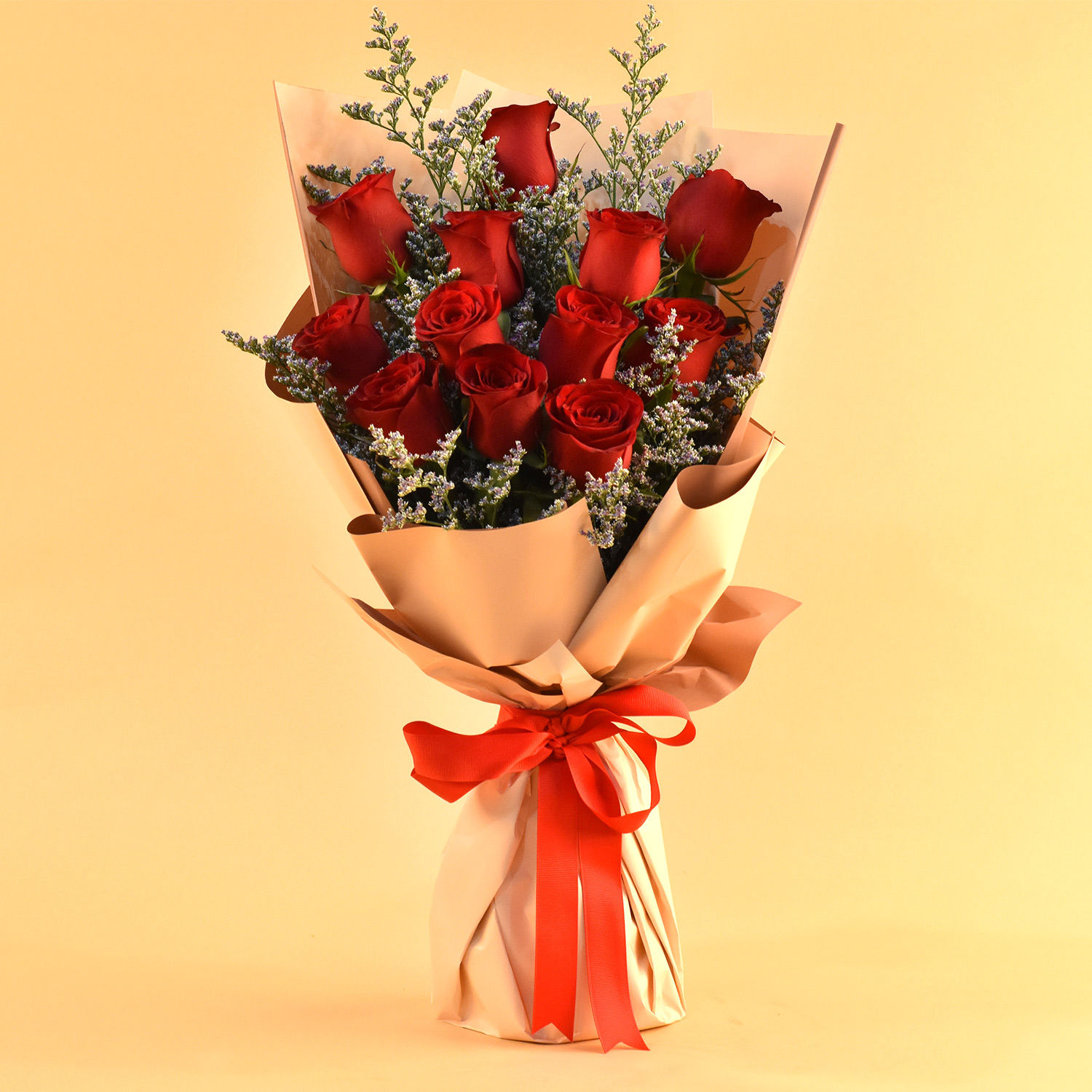Red Roses & Limonium Beautifully Tied Hand Bouquet Delivery in ...