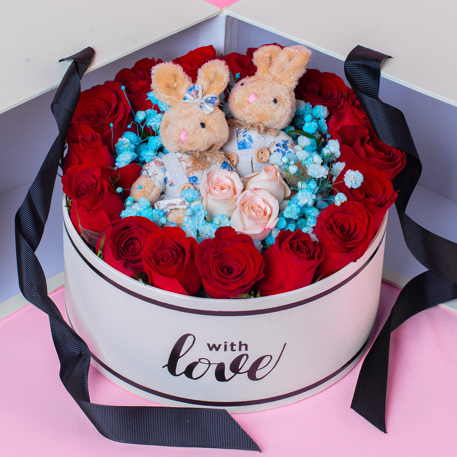Flowers With Rabbit Box Arrangement Delivery in Singapore - FNP SG
