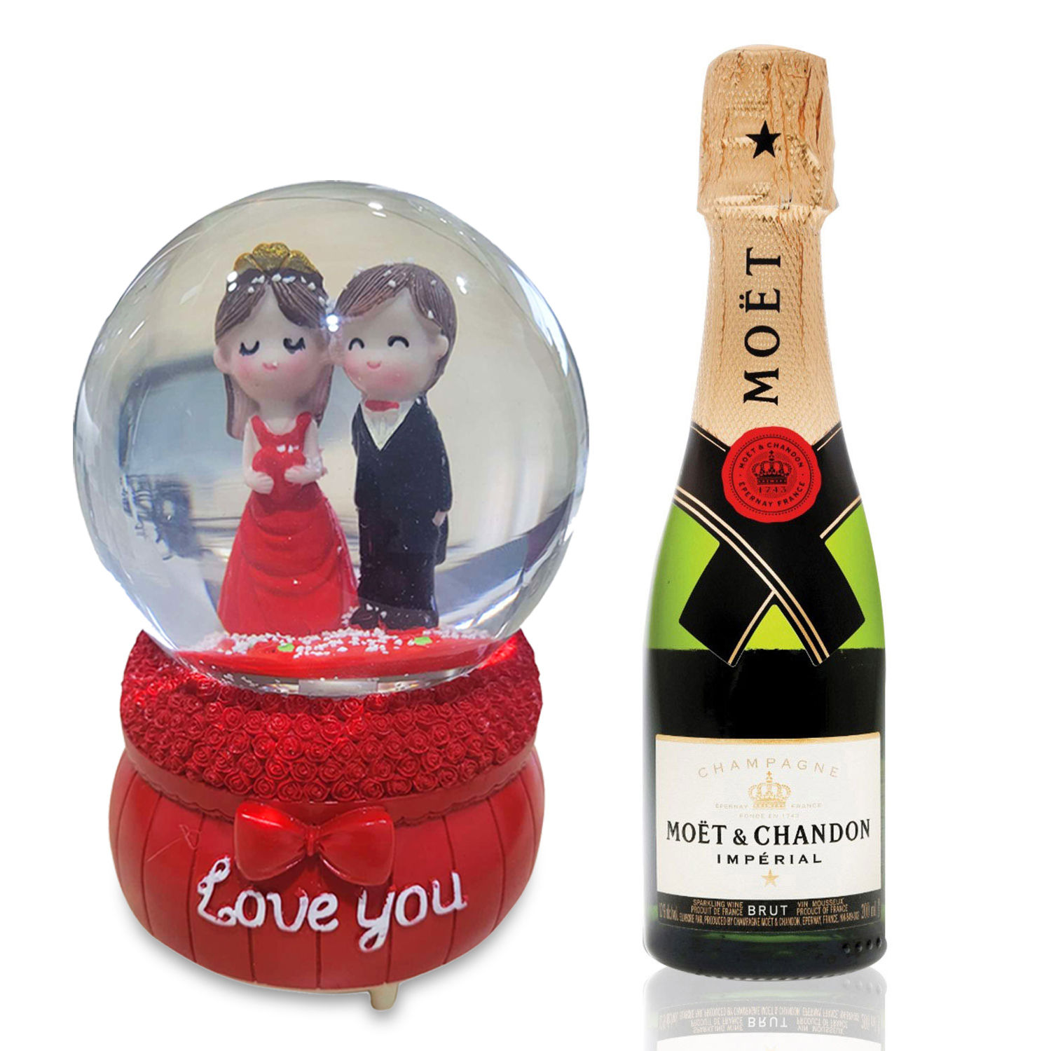Love You Musical Couple Glass Dome With Moet Mini Brut Champagne ...
