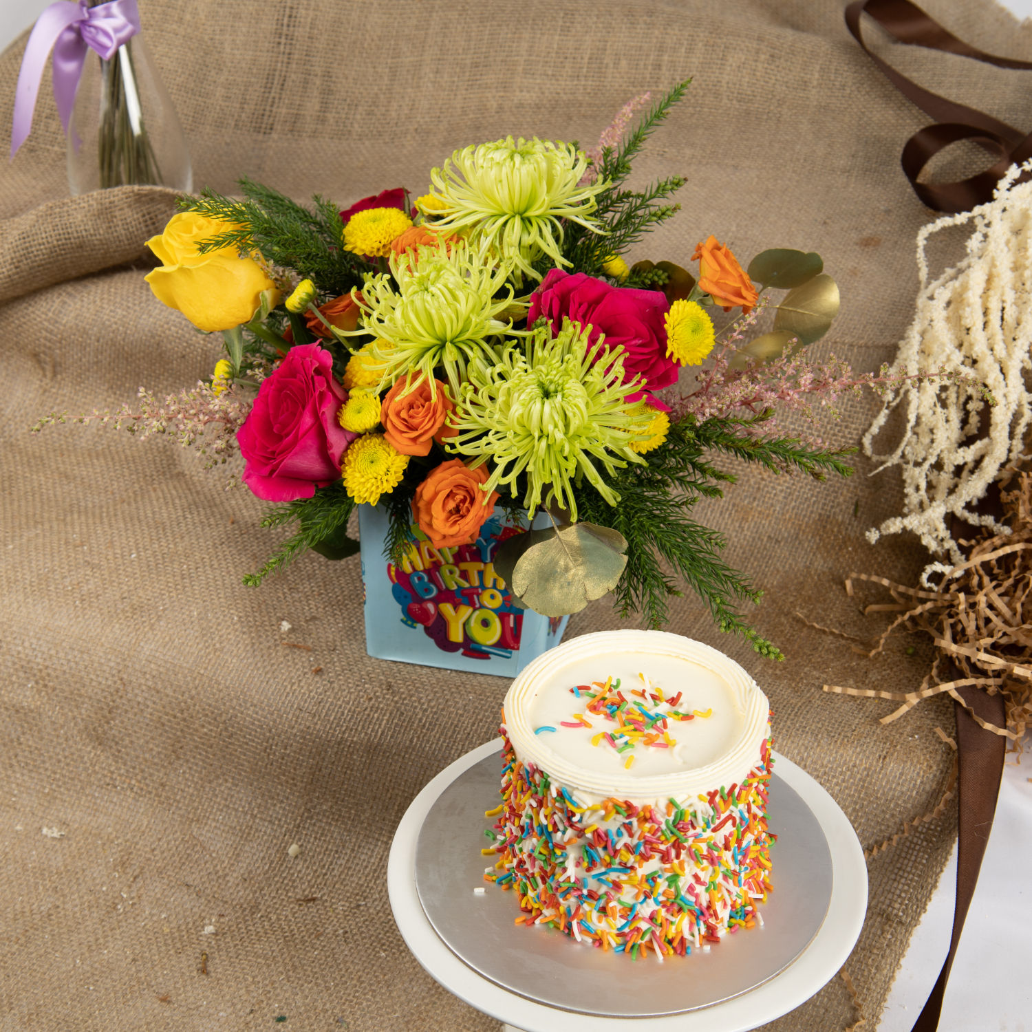 Estatic Birthday Flowers Vase With Cake Delivery in Singapore - FNP SG