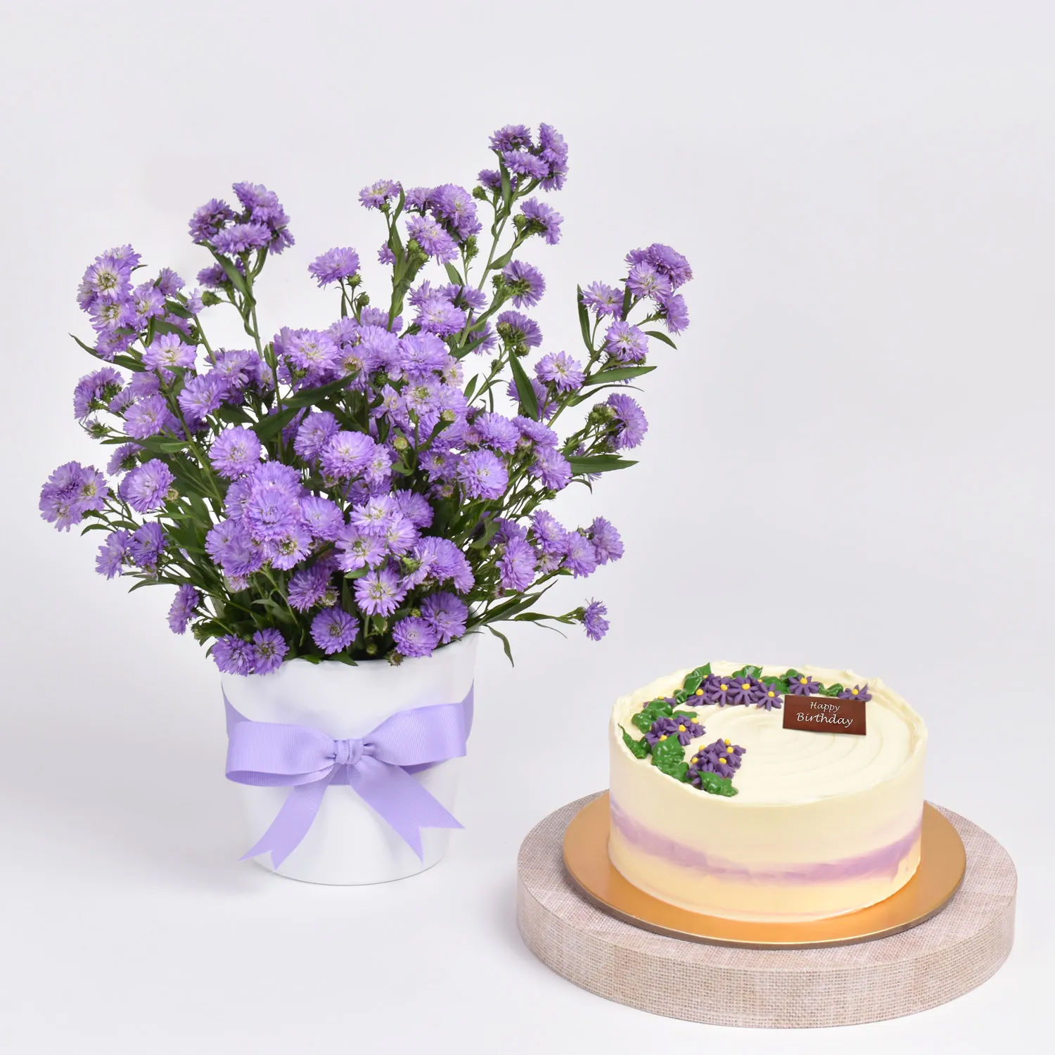 Birthday Aster Floral Arrangement with Cake Delivery in Singapore - FNP SG