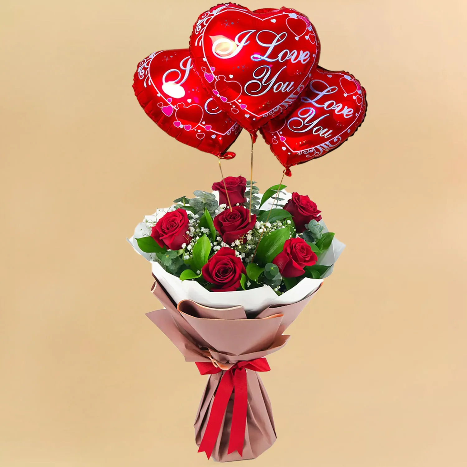 Bunch Of Beautiful 6 Red Rose with I Love You Balloons for Valentine ...