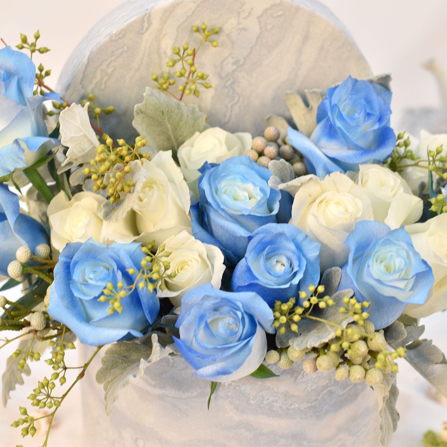 White and Blue Roses Arranngement in Box Delivery in Singapore - FNP SG