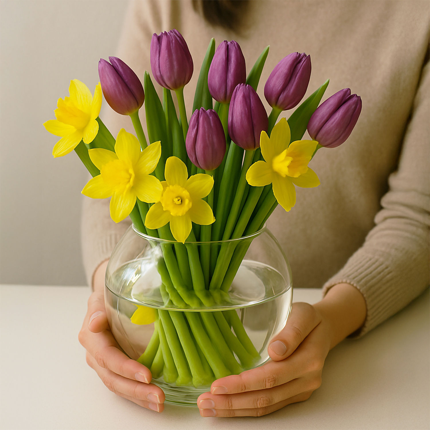 Daffodils and Tulips Beauty in Fish Bowl Arrangement Delivery in ...