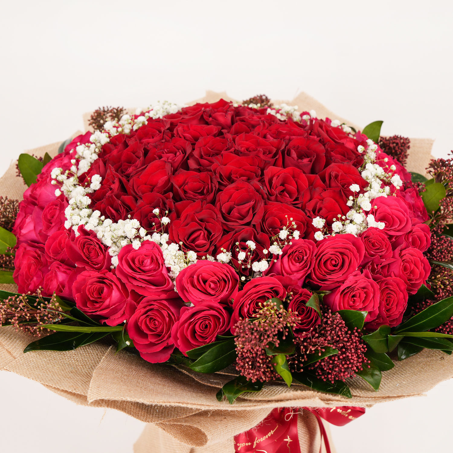 99 Roses and Skimmia Bouquet Delivery in Singapore - FNP SG