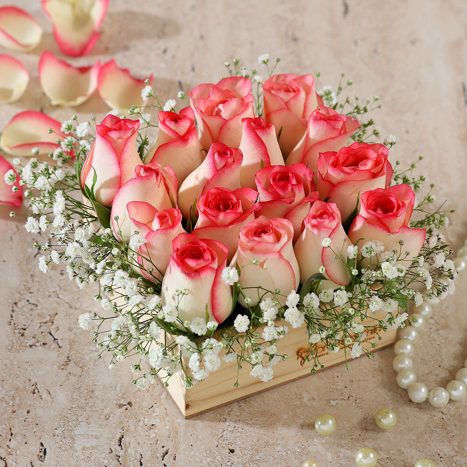 16 Pink Roses Arrangement In Wooden Base Delivery in Singapore - FNP SG