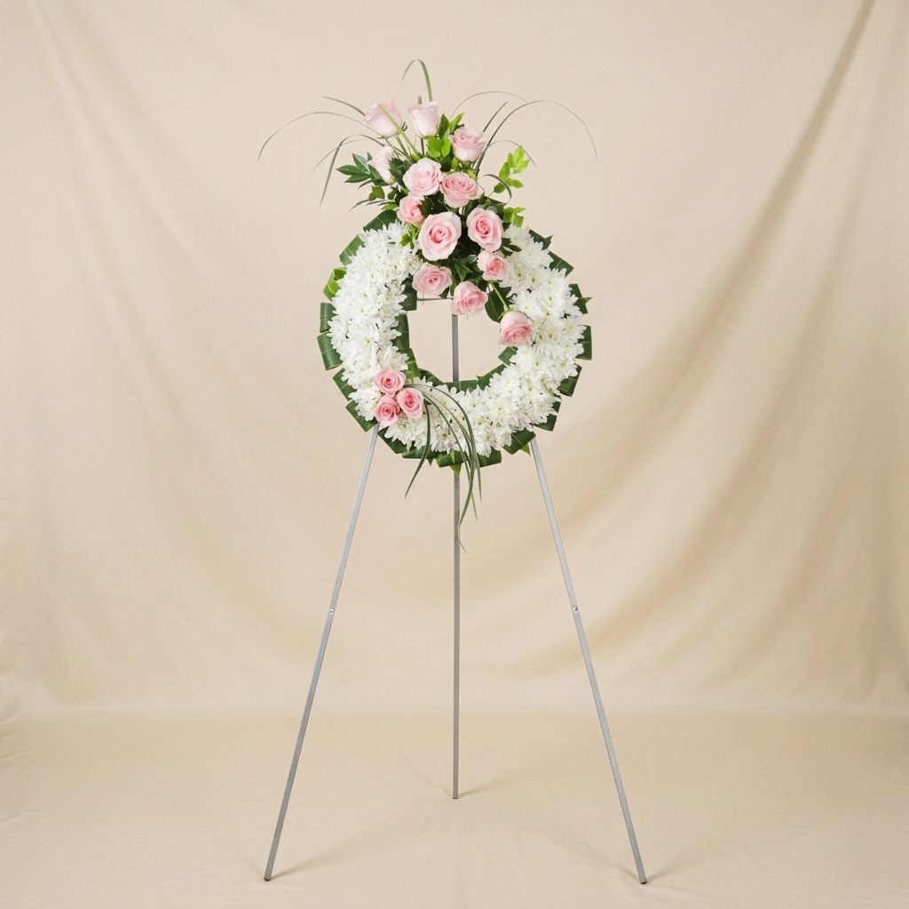 White and Pink Wreath Flowers Stand Delivery in Singapore - FNP SG