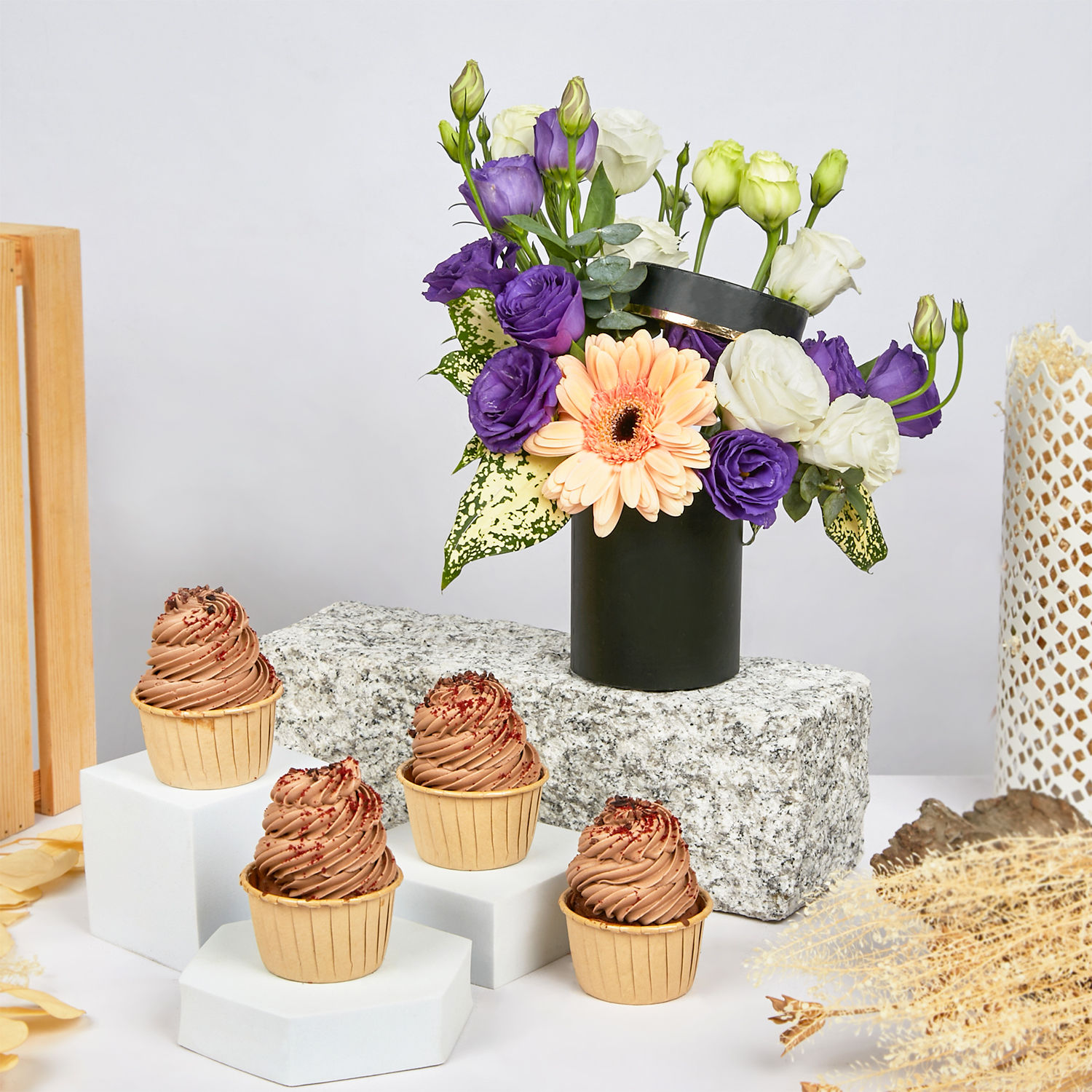 Mini Black Box of Flowers with Cupcakes Delivery in Singapore - FNP SG