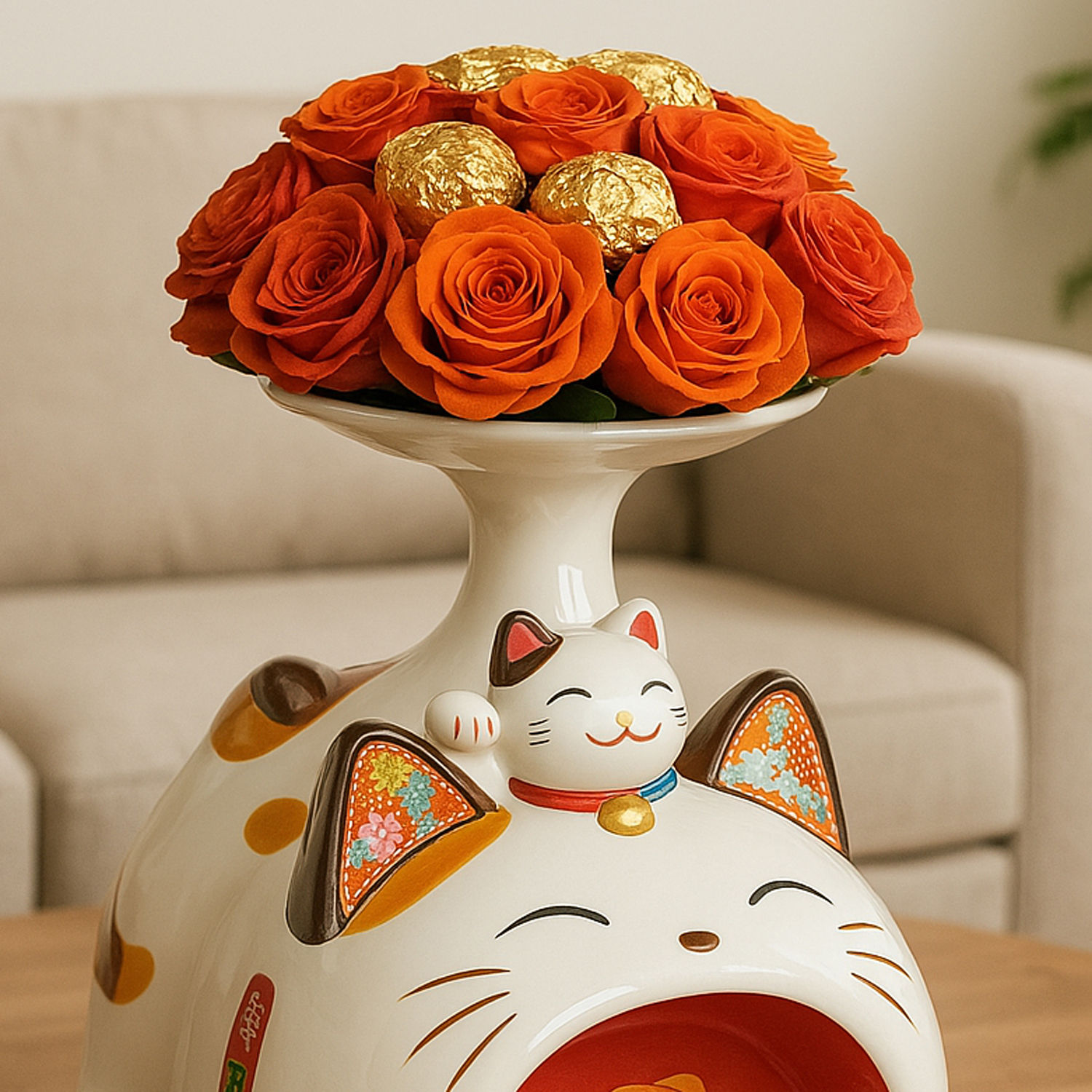 Good Luck Cat Roses & Rochers Delivery in Singapore - FNP SG