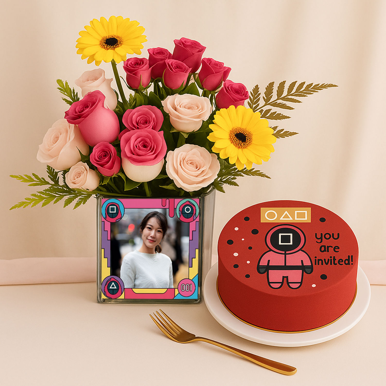 Squid Game Theme Invite Mini Cake and Personalised Flower Vase Delivery ...