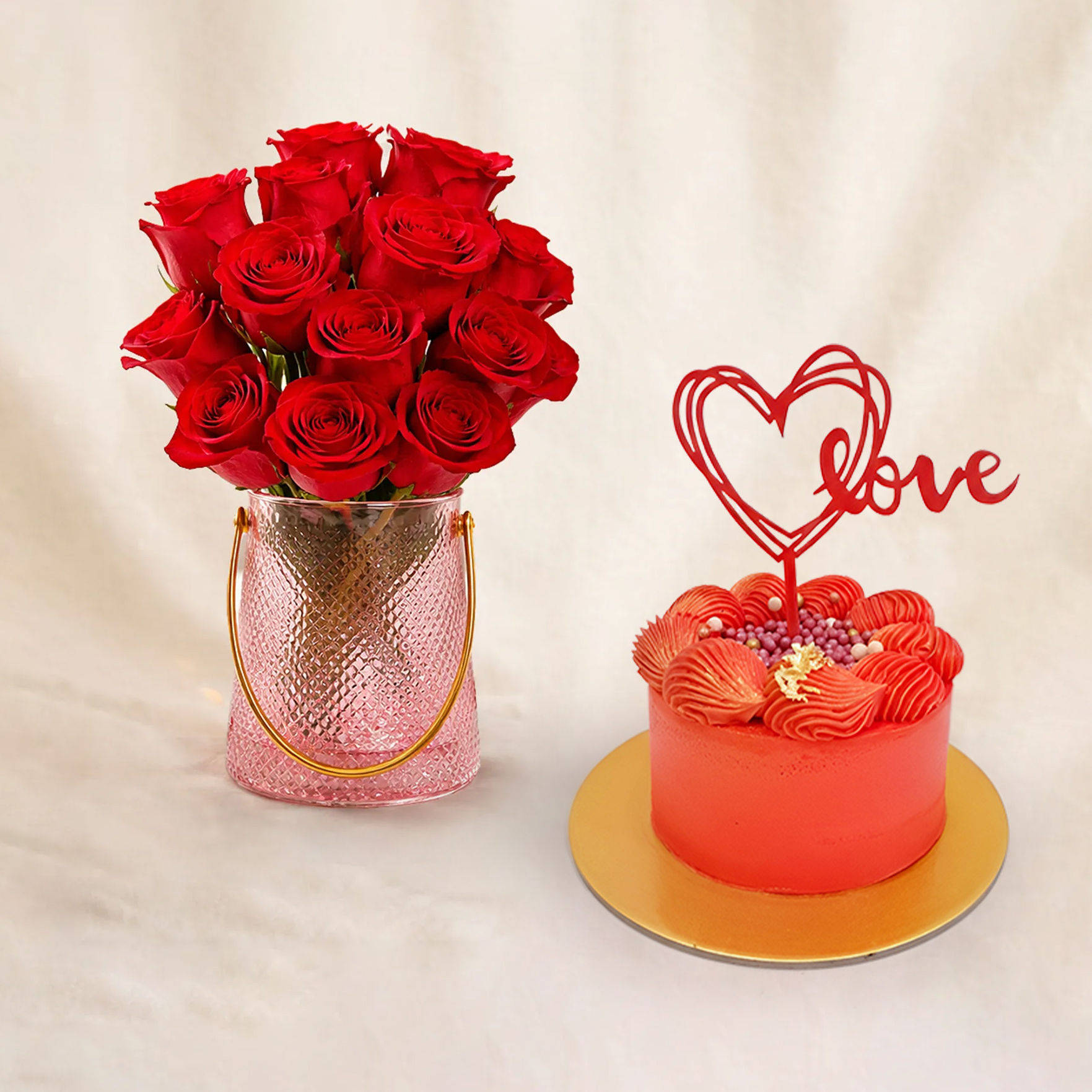Valentine's Roses Elegance Vase n Cake Bundle Gift Delivery in ...